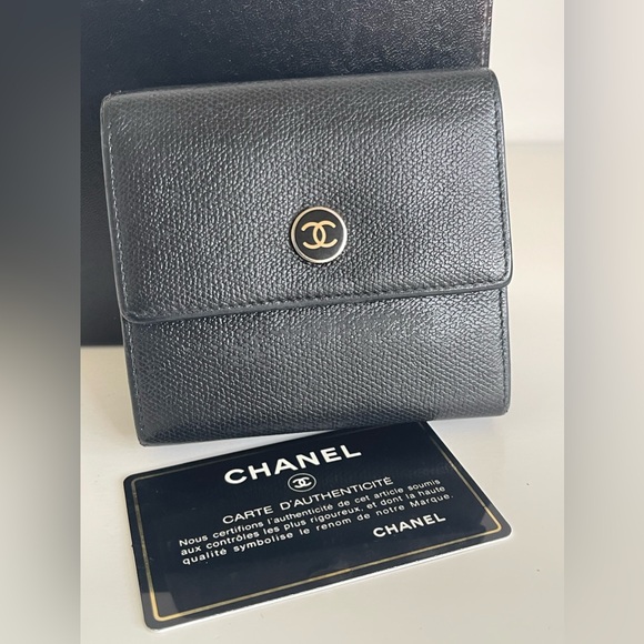 CHANEL | Bags | Chanel Coco Button Black Leather Trifold Wallet With ...